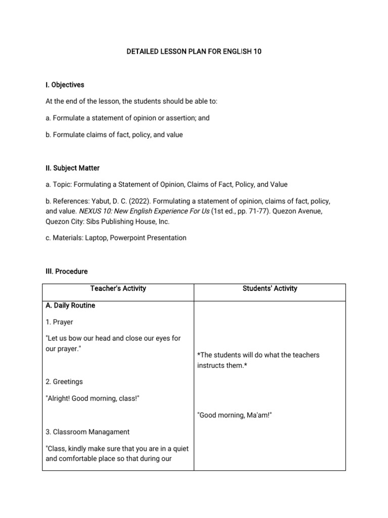 Lesson Plan English 10 | Download Free PDF | Evidence | Cognition