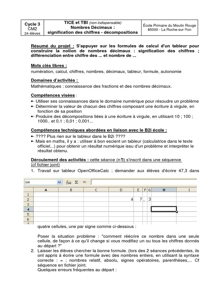 Nombres décimaux et tableur en CM2 | PDF | Feuille de calcul ...
