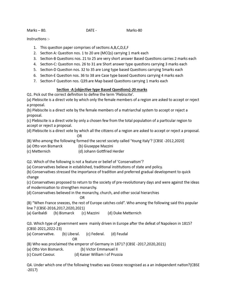 History Class 10 Most Important Questions | PDF