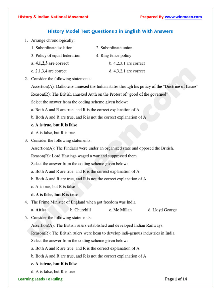 History Model Test Questions 2 in English With Answers | PDF | Indian ...
