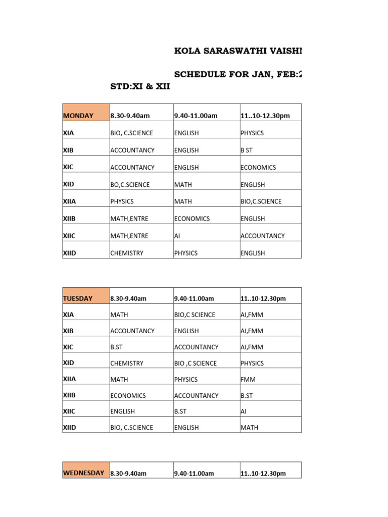 Schedule STD Xi and Xii Jan and Feb | PDF