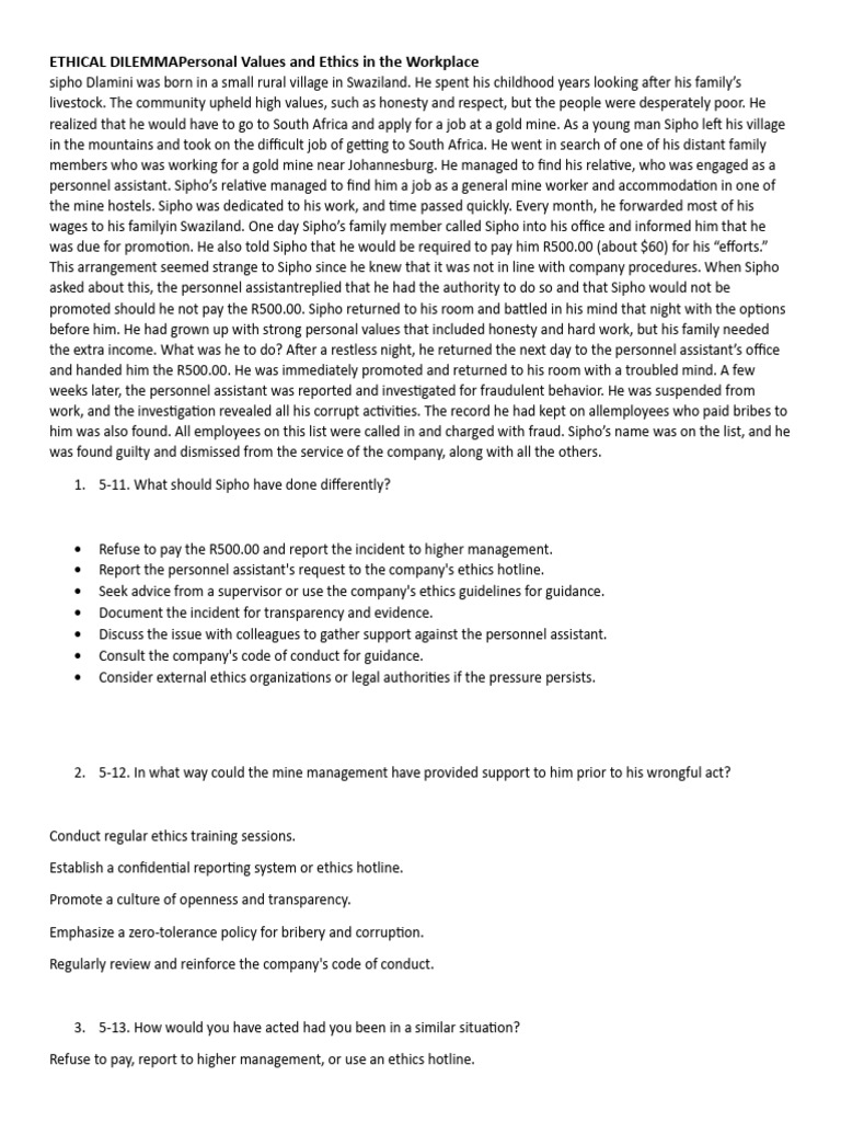 ETHICAL DILEMMAPersonal Values and Ethics in The Workplace | PDF ...