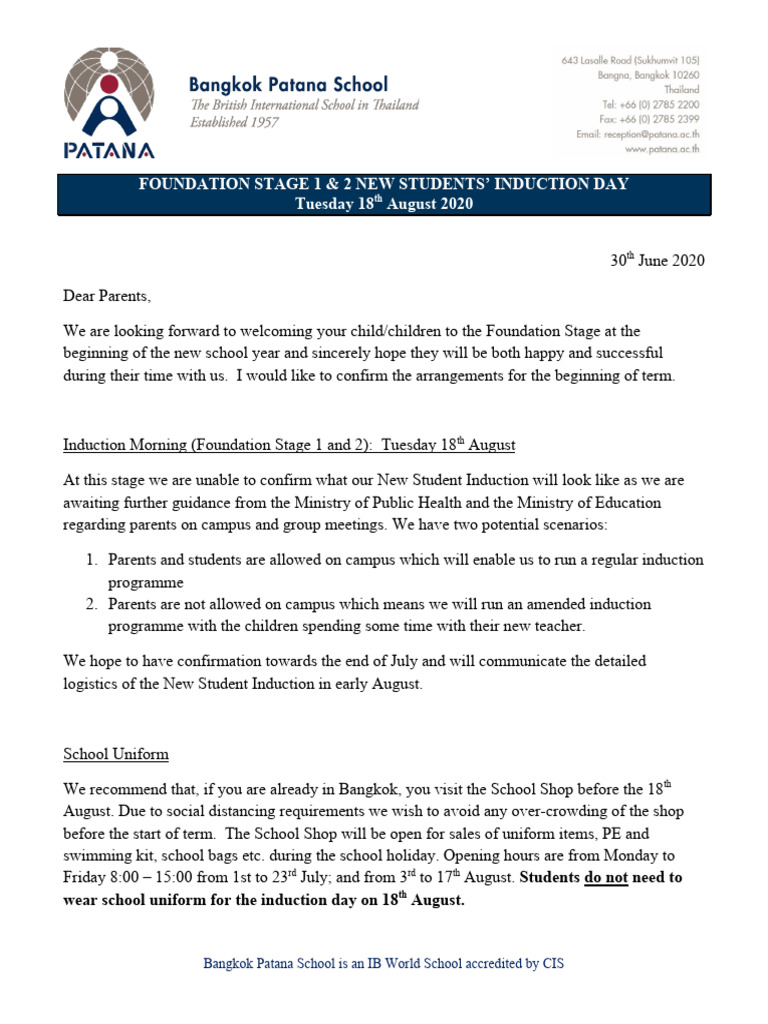 2020-2021 Foundation Stage Induction Letter 2 | PDF