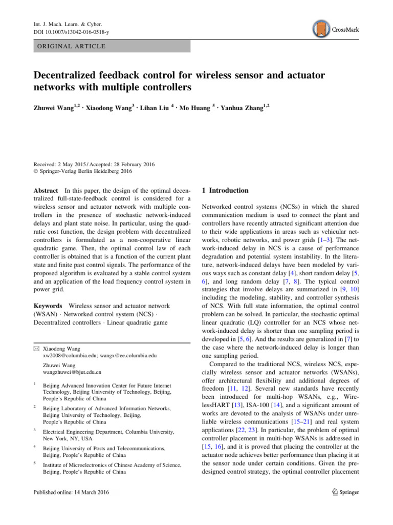 Decentralized Feedback Control For Wireless Sensor And Actuator Pdf Control Theory