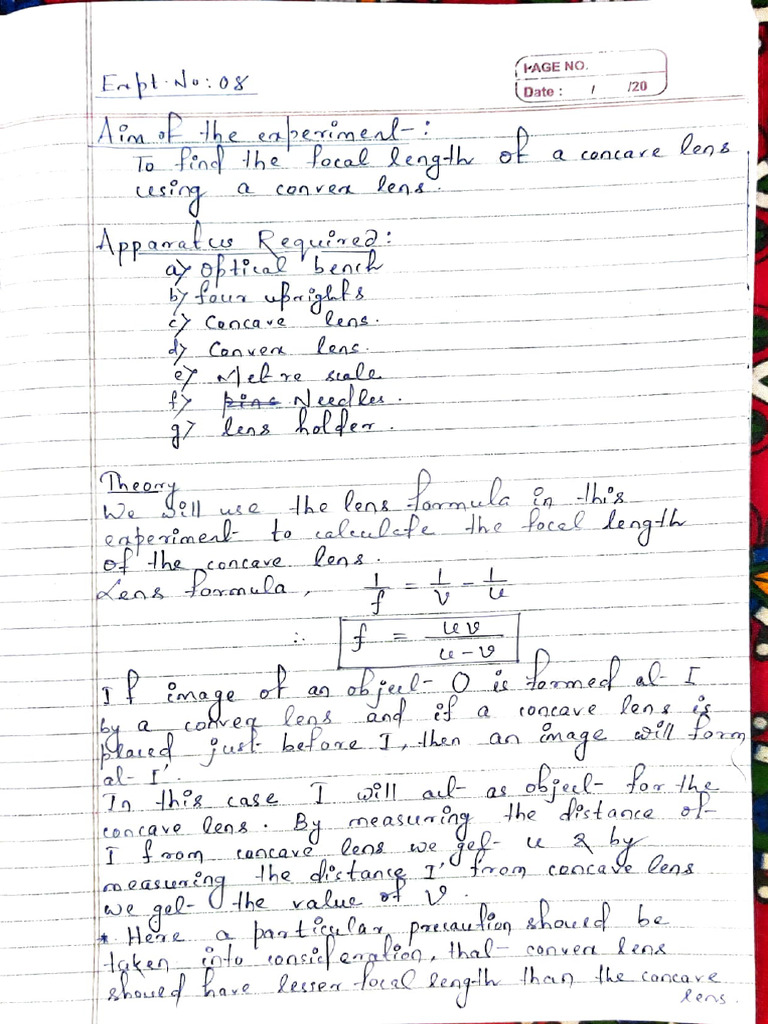 Expt.8 (To Find Focal Length of Concave Lens Using Convex Lens) | PDF