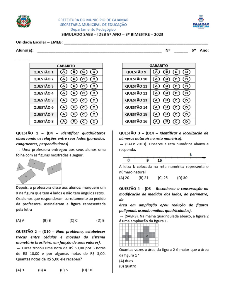 Simulado SAEB - IDEB 5º Ano - 3º Bimestre - 2023 | PDF