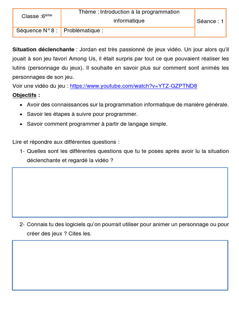 Fiche Introduction Séquence Programmation 6è | PDF