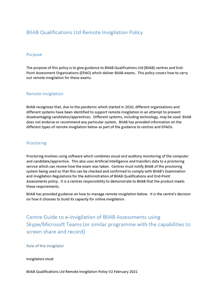 BIIAB Qualifications LTD Remote Invigilation Policy V2 Feb 2021 | PDF