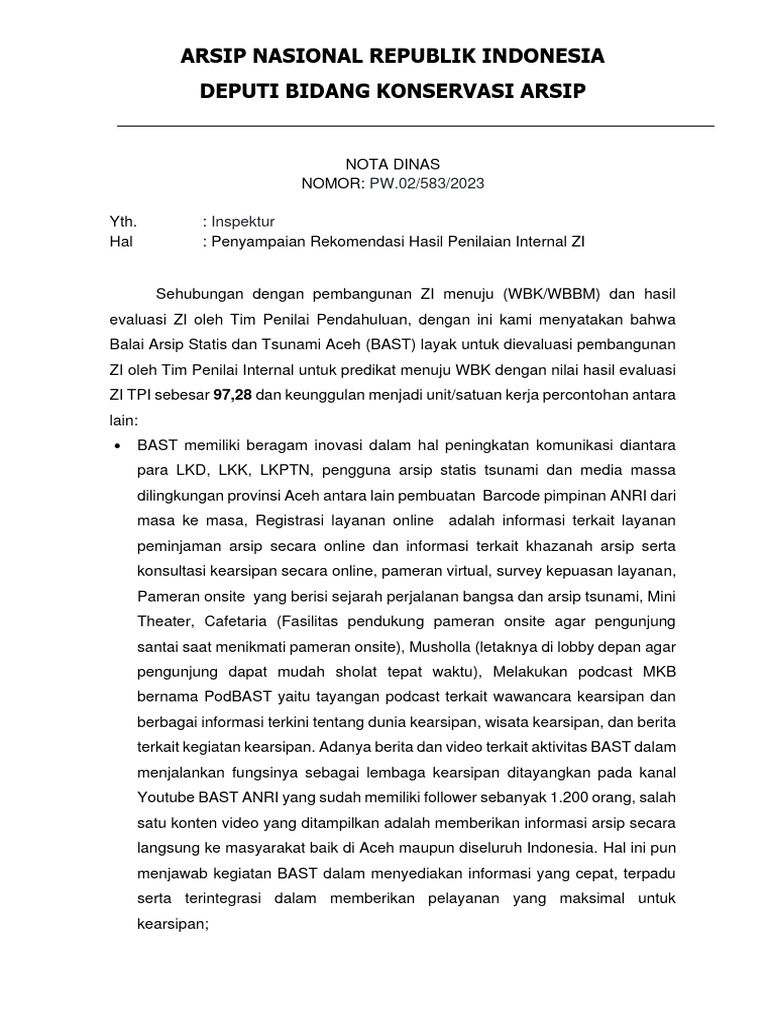Nota Dinas Layak Evaluasi Tpi Zi 2023-Bast (08052023) Fix | PDF