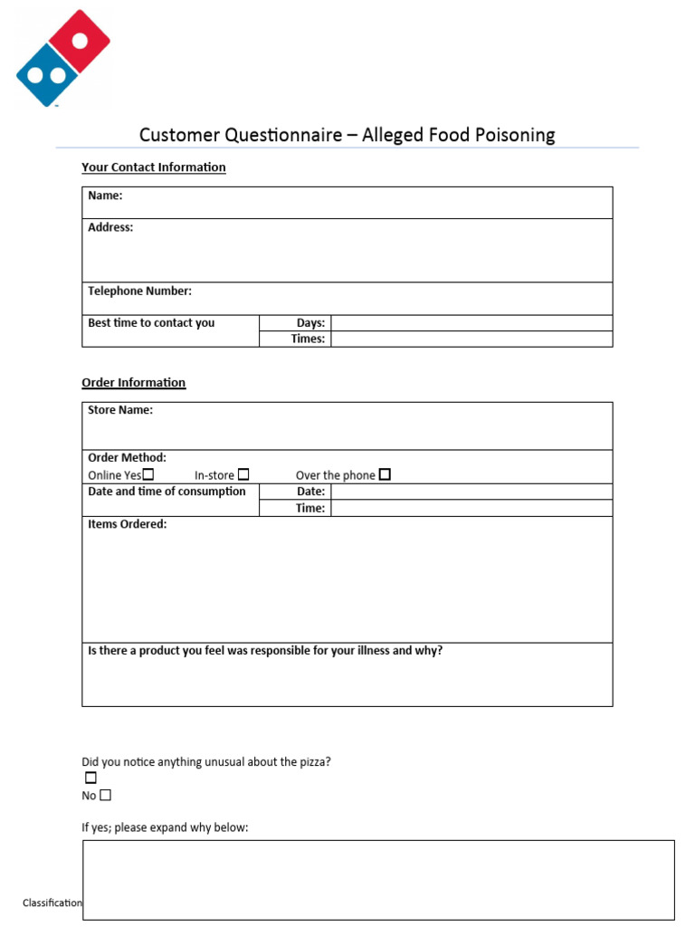 Dominoes Questionnaire - Food Poisoning Complaint | PDF