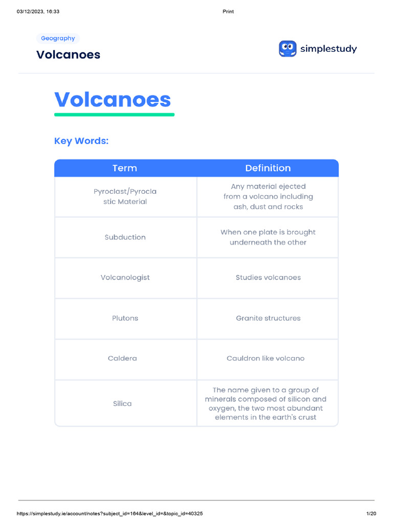 Volcanoes - Simple Study Notes | PDF