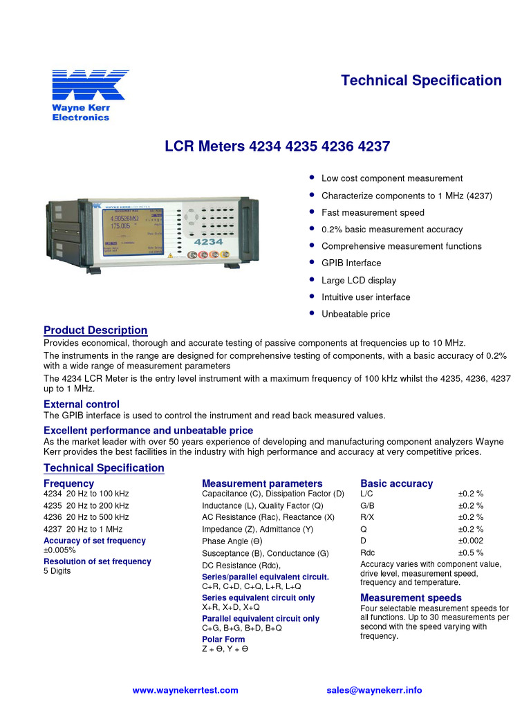 Wayne Kerr LCR Meter 4234 4235 4236 4237 Specifications | PDF