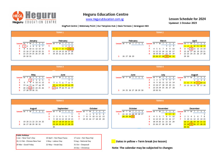Heguru Education Centre - Year 2024 Calendar | PDF