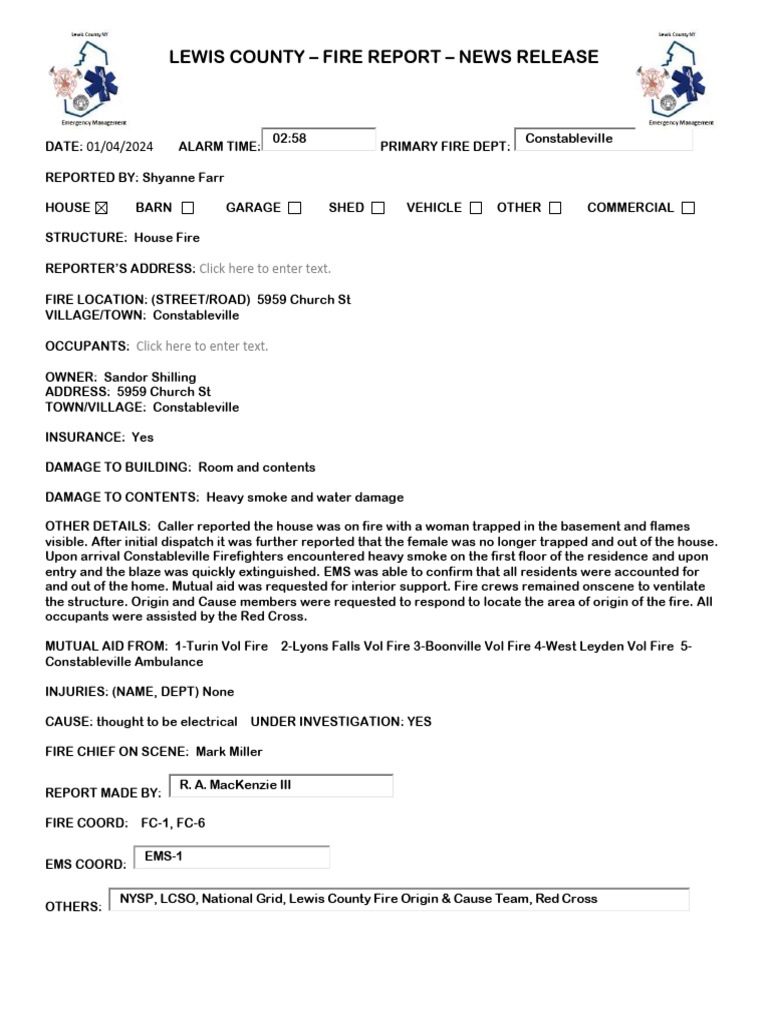 FIRE REPORT 5959 Church St In Constableville Jan 4 2024 PDF