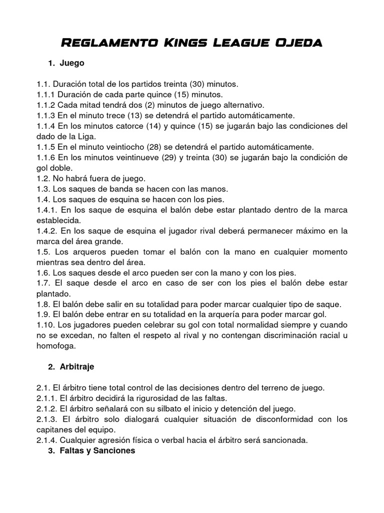 Reglamento Kings League Ojeda | PDF