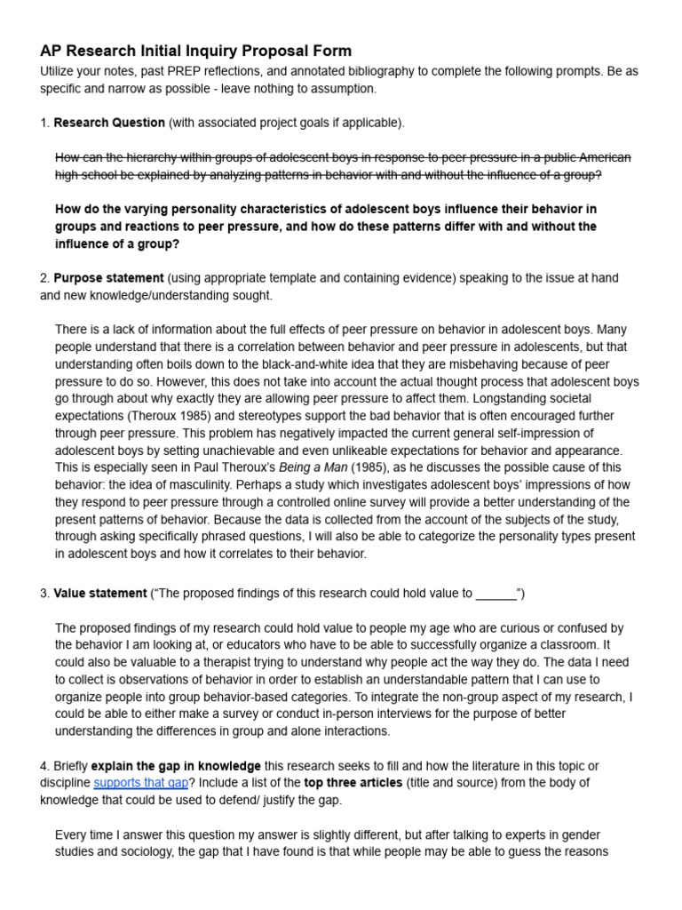 AP Research Inquiry Proposal Overview | PDF | Adolescence | Data