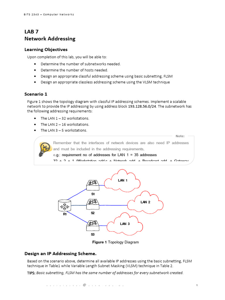 LAB 7 Exercise - Network Addressing 2020 | Download Free PDF | Ip Address | Data Transmission