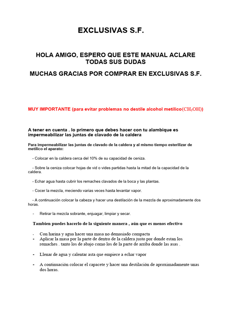 Manual de Uso y Funcionamiento del Alambique | PDF | Destilación ...