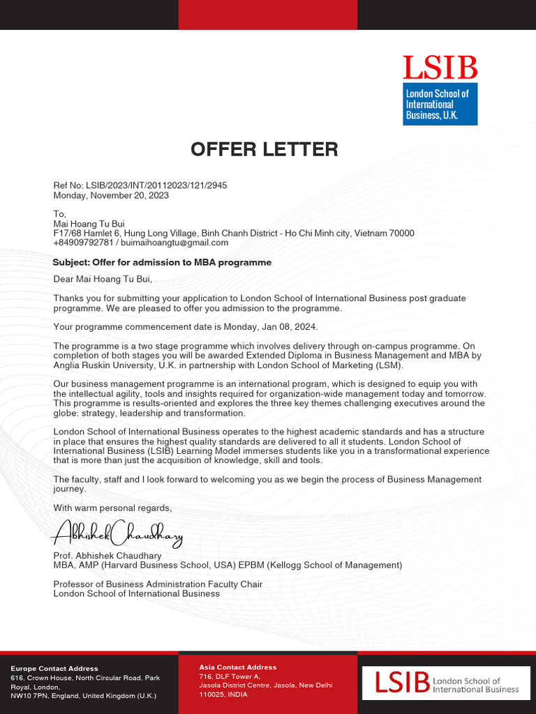 LSIB - Offer Letter - Mai Hoang Tu Bui - Spring 2024 MBA Programme ...