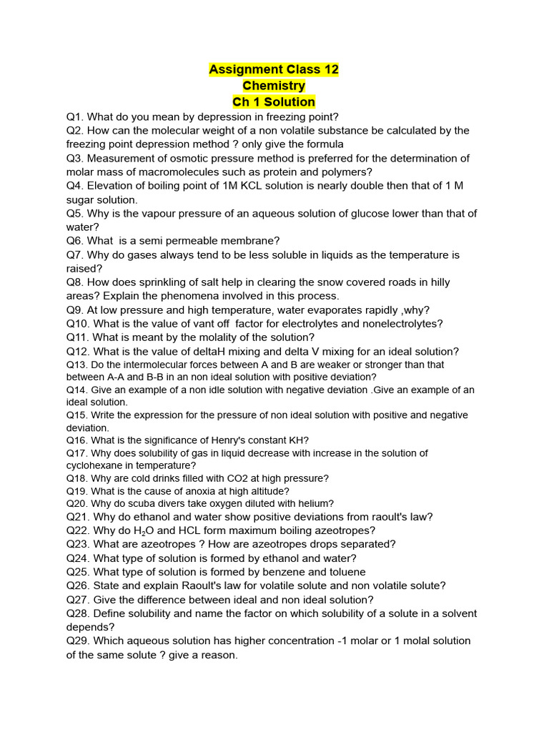 Assignment Class 12 | PDF | Solubility | Water