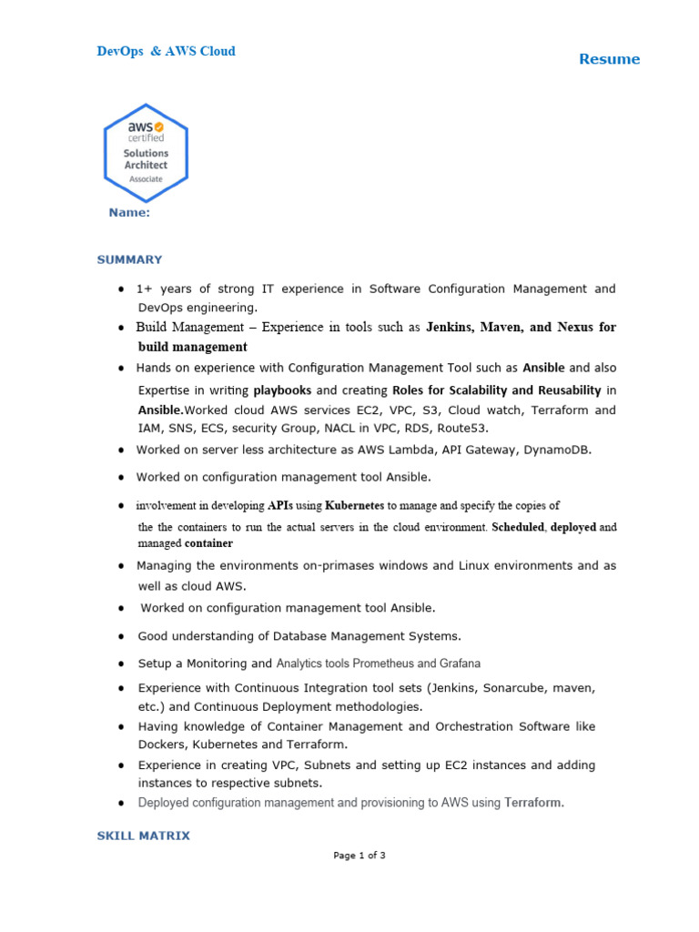 DevOps Resume 9 | PDF | Cloud Computing | Amazon Web Services