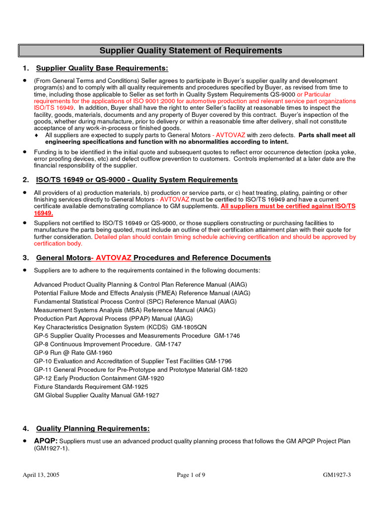 Supplier Quality Statement of Requirements | PDF