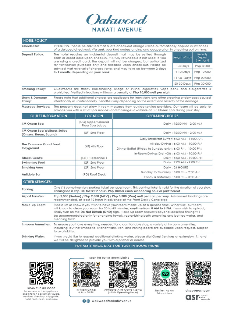 Oakwood - Makati - Welcome - Info - Sheet 2 | PDF