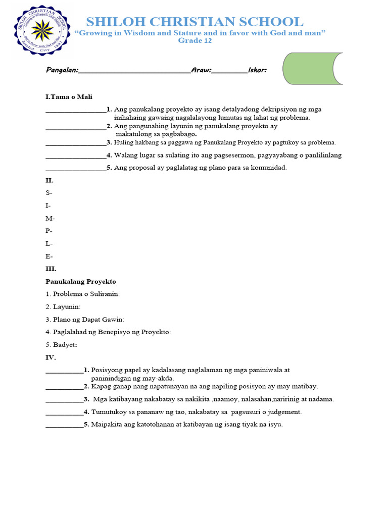 Long Quiz Grade 12 | PDF