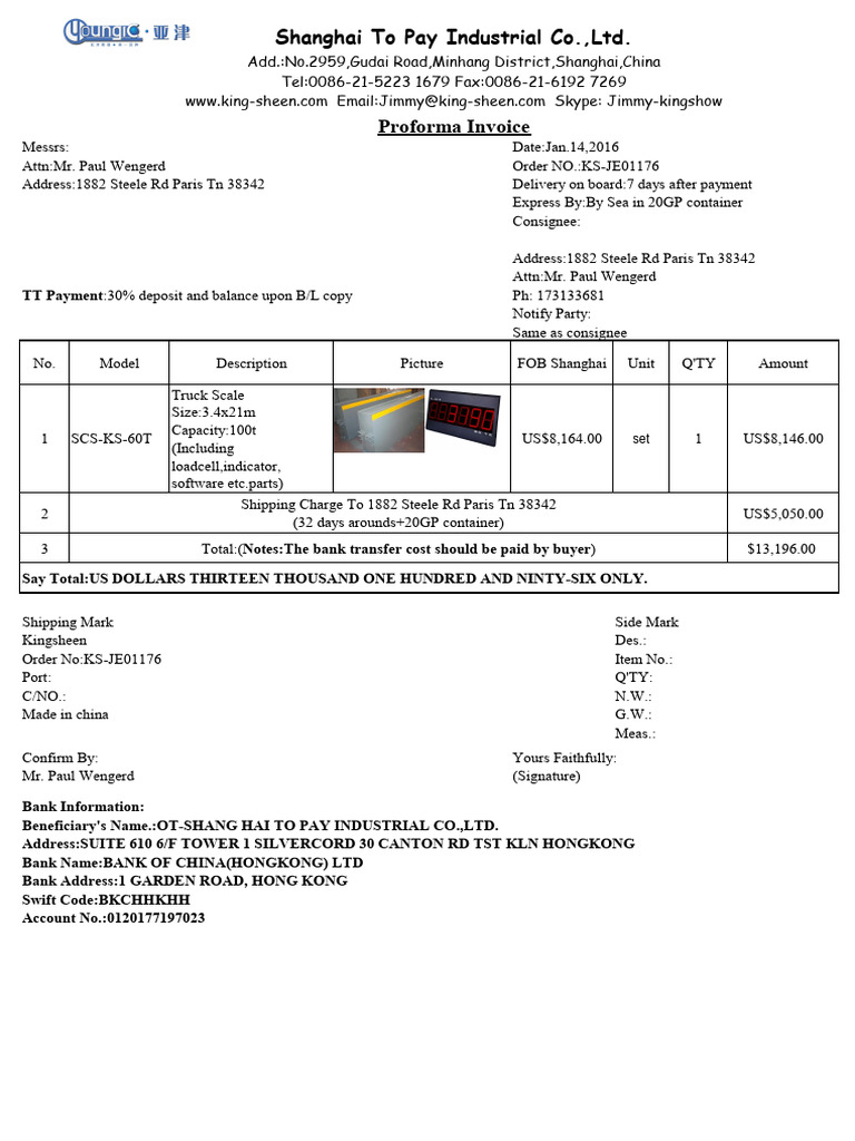 proforma Invoice for scales | PDF | Service Industries | Banking