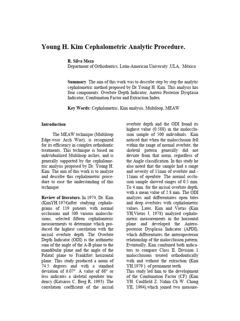 Young H. Kim Cephalometric Analytic Procedure. ODI | PDF