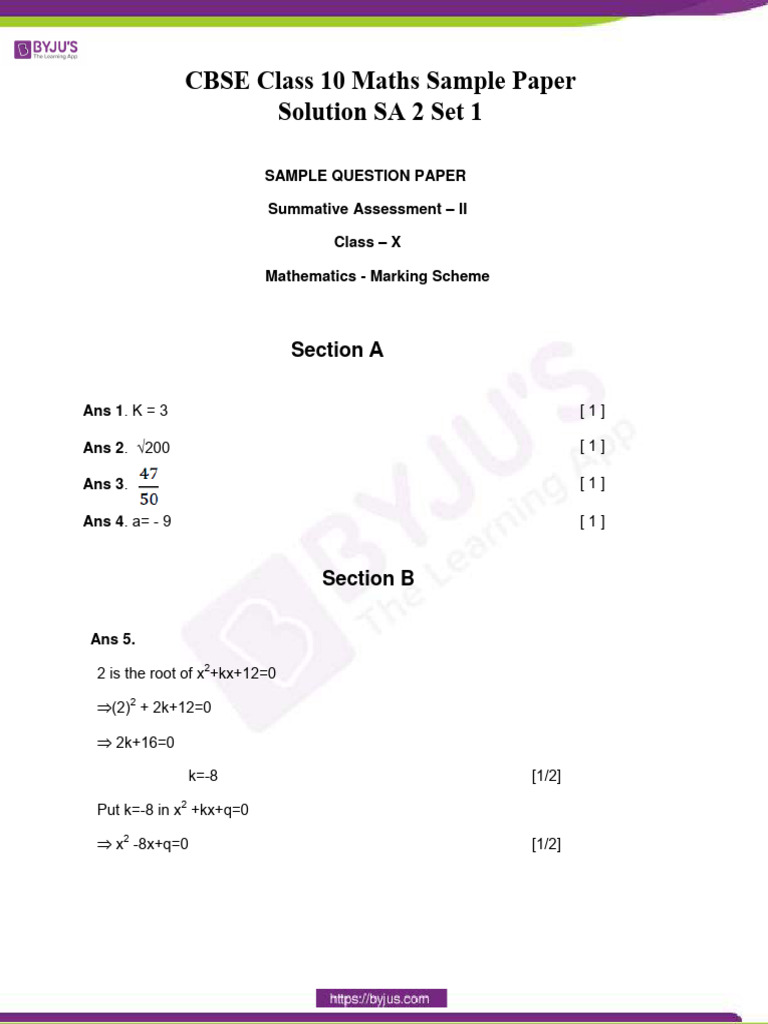 CBSE Sample Paper Solution For Class 10 Maths SA 2 Set 1 | PDF