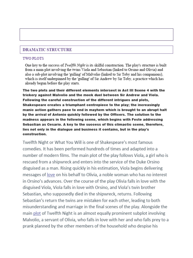 Structure Of The Play Plot And Subplot Pdf Twelfth Night
