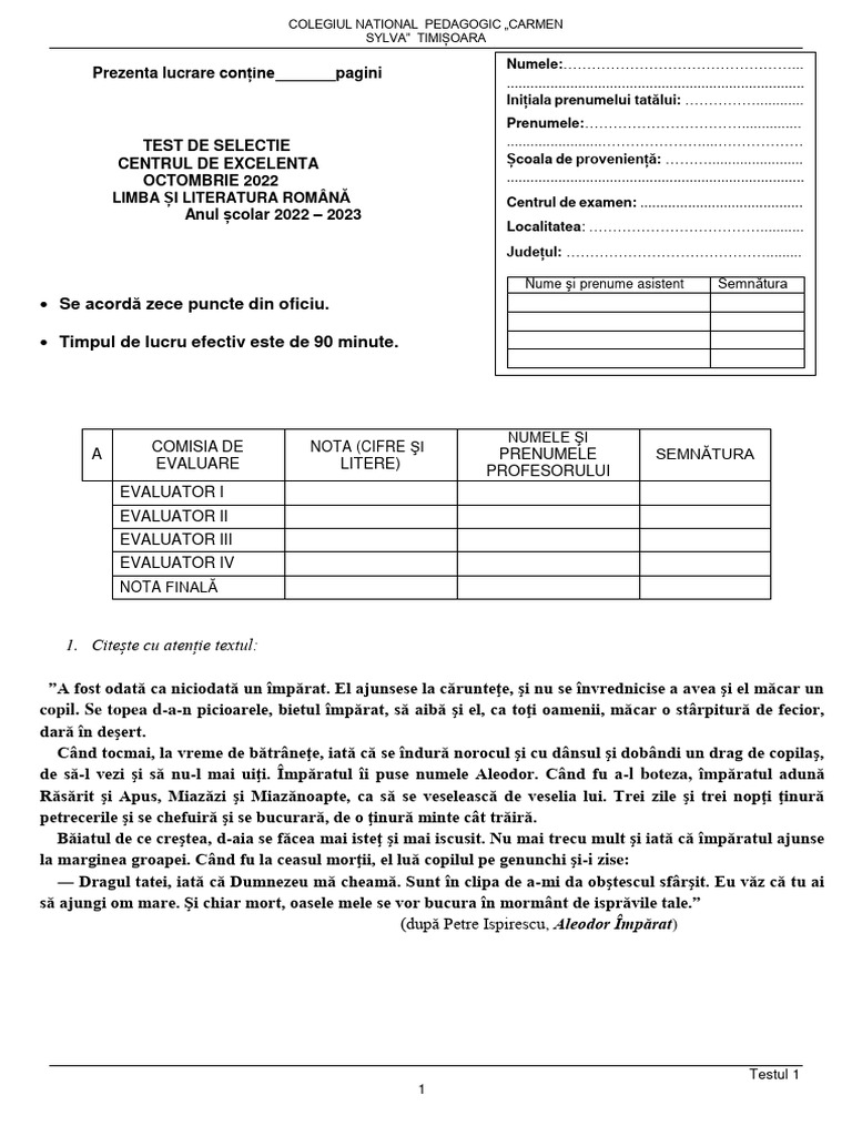 Subiect - 1 - Centru de Excelenta Limba Romana | PDF