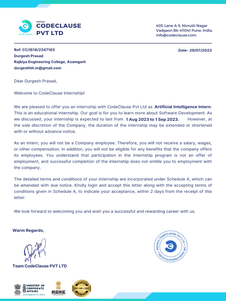 CodeClause AI Offer Letter | PDF | Internship | Job Hunting