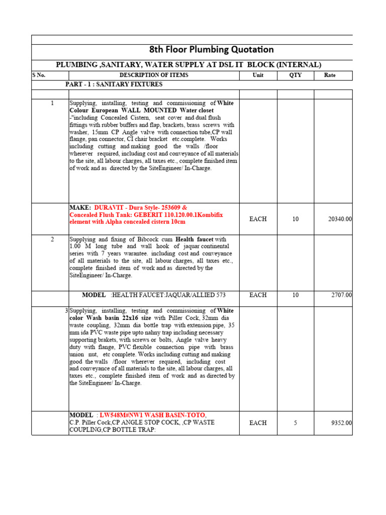 8th Floor Plumbing BOQ | Download Free PDF | Pipe (Fluid Conveyance) | Plumbing