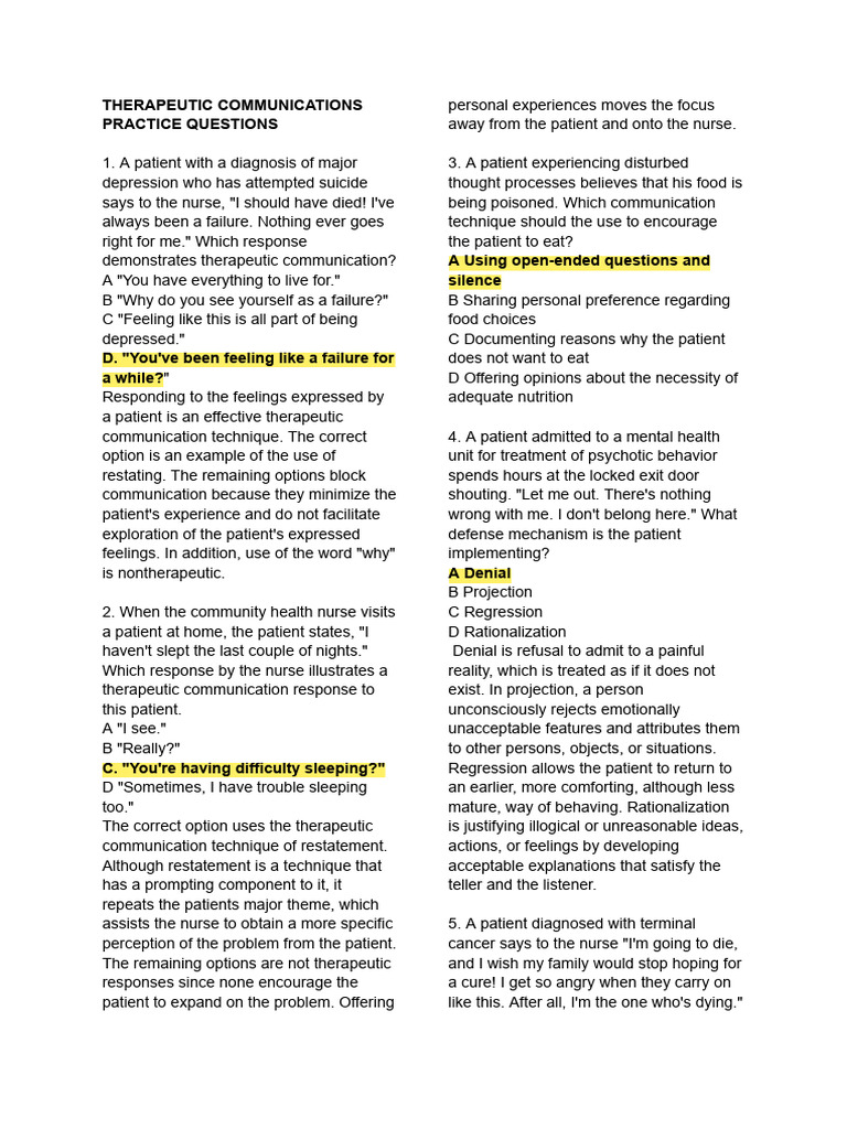 Therapeutic Communications Practice Questions | PDF
