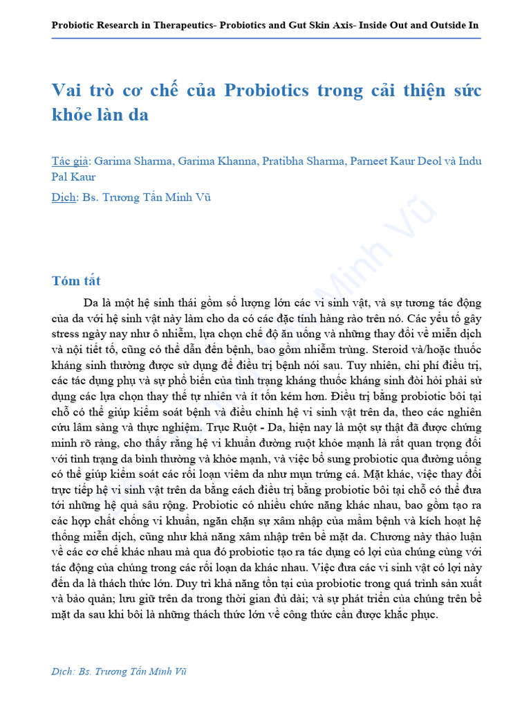Vai Trò Cơ Chế Của Probiotics Trong Cải Thiện Sức Khỏe Làn Da - Bs. Trương Tấn Minh Vũ | PDF