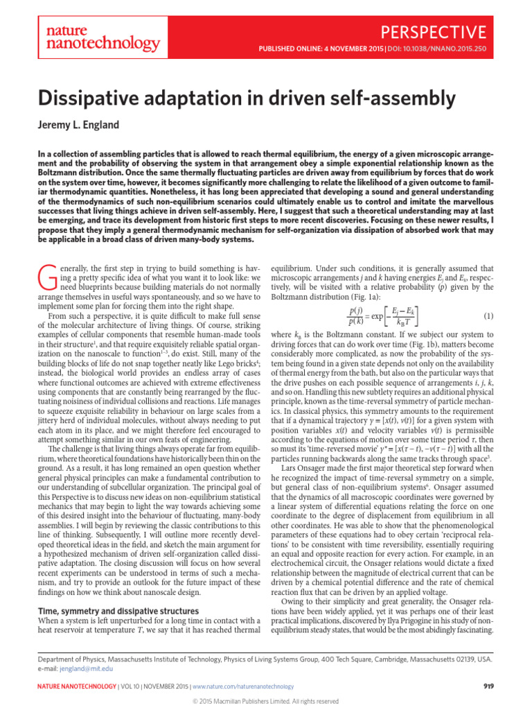 England - 2015 - Dissipative Adaptation in Driven Self-Assembly. | PDF