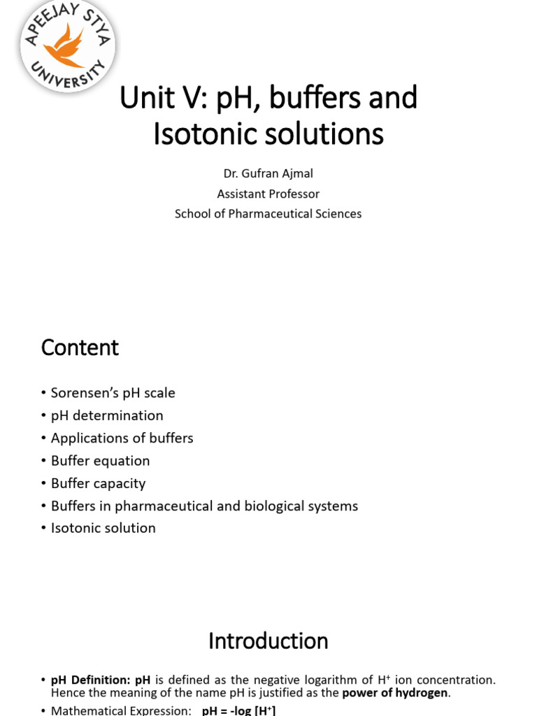 Unit-V - PH, Buffer, Buffer Equation, Isotonicity-1 | PDF