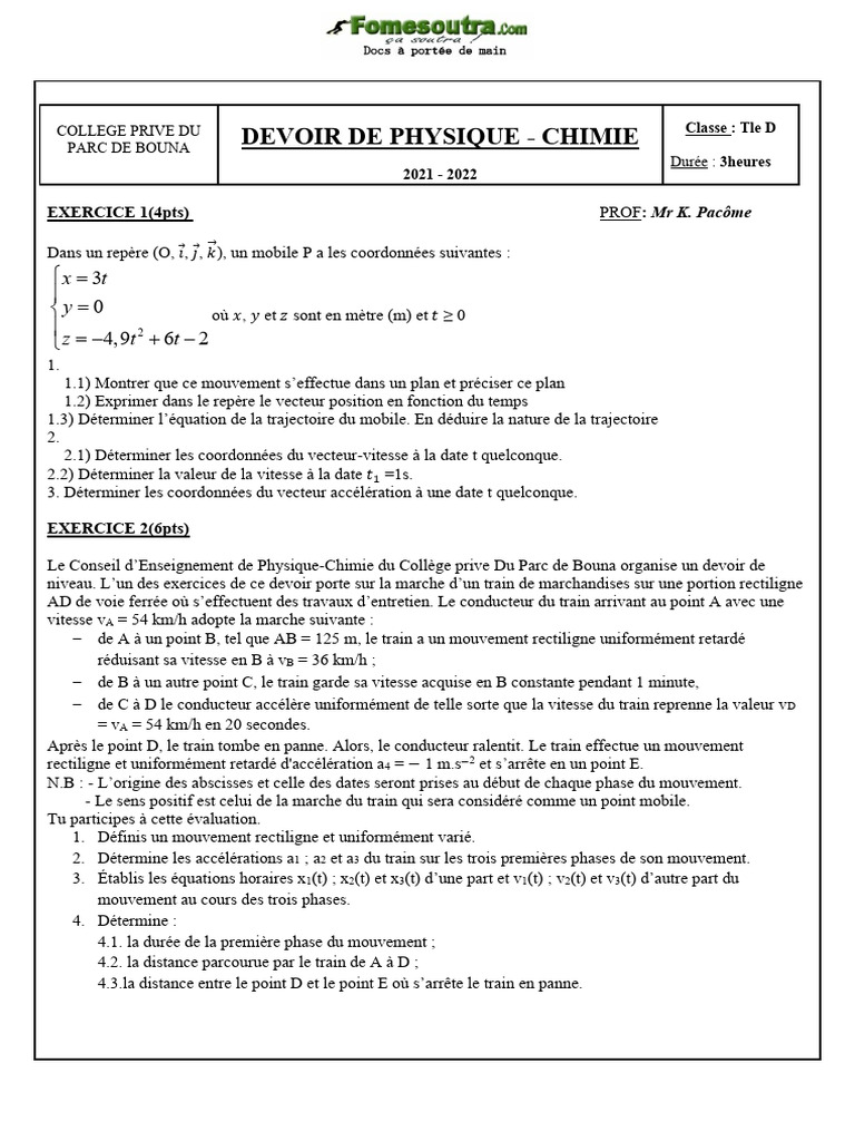Devoir de Niveau Tle D Cinématique Et Chimie Orga | PDF