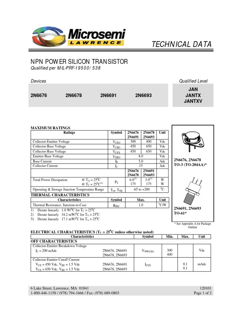 NPN Power Transistor Specifications | PDF | Bipolar Junction Transistor ...