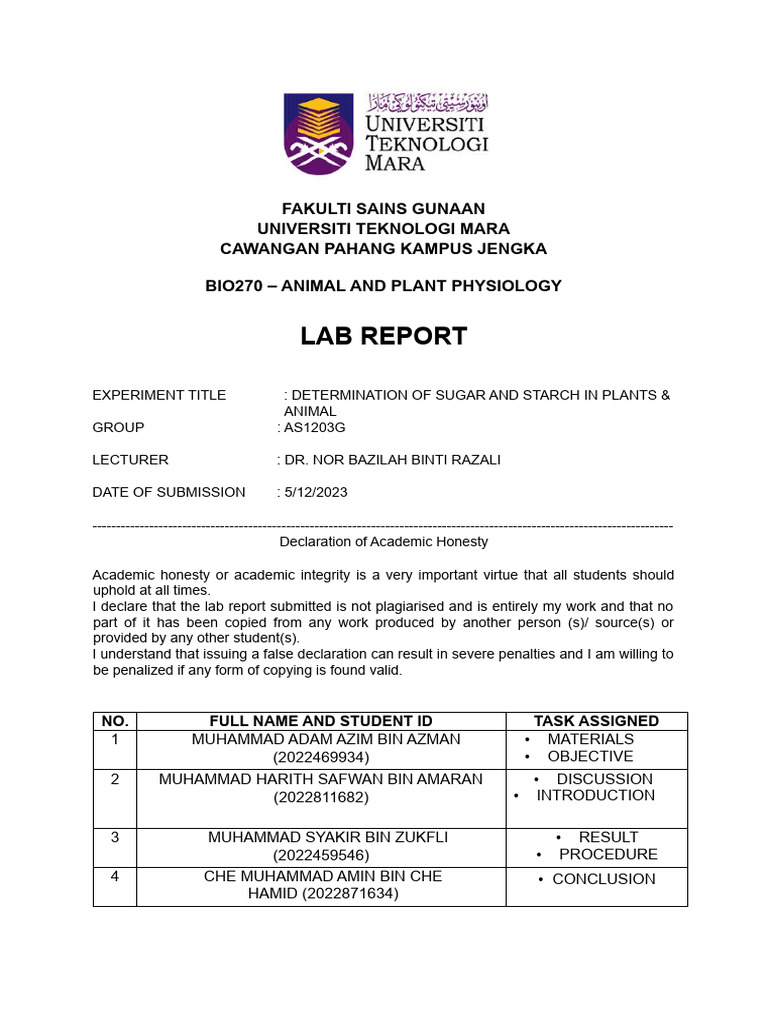 Lab Report Bio270 As1203g (Adam, Harith, Amin, Syakir) | PDF | Starch ...