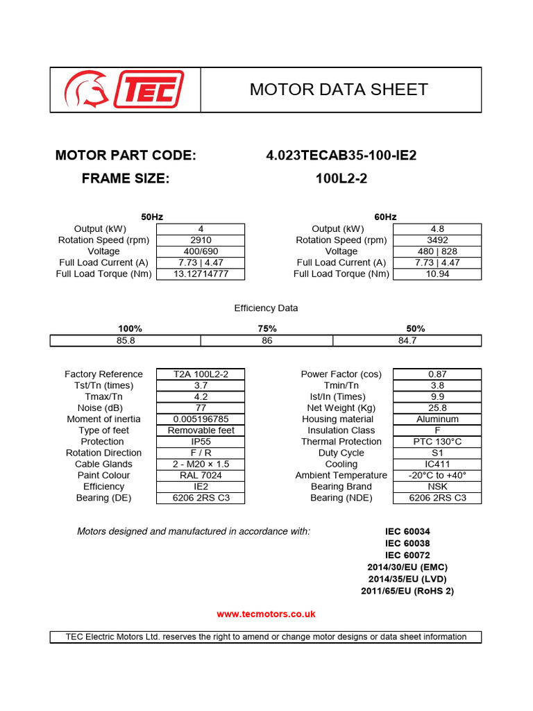 TEC 4Kw Motor Data Sheet | PDF | Technology & Engineering