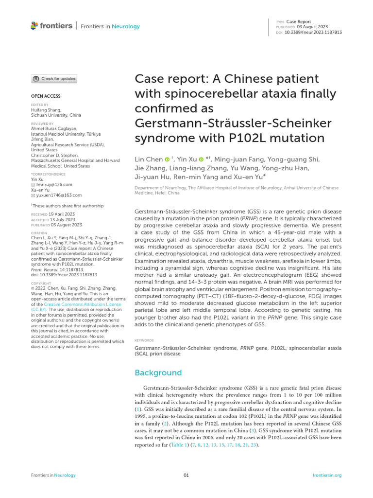 Case Report A Chinese Patient With Spinocerebellar Ataxia Finally Confirmed As Gerstmann ...