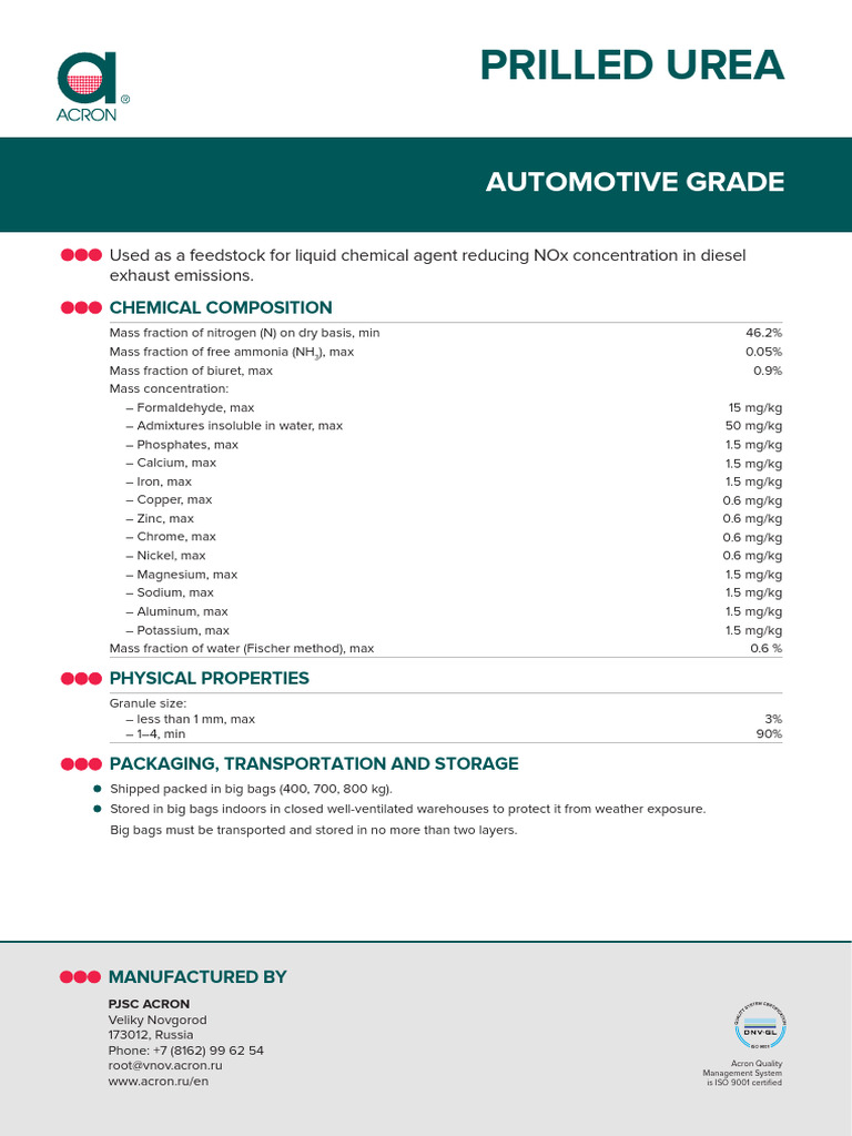 Prilled Urea Automotive Grade | PDF