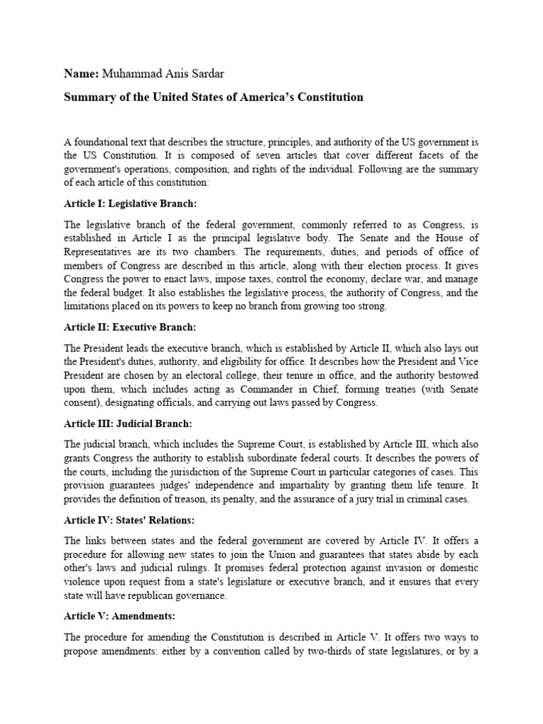 Us Constitution Summary | PDF