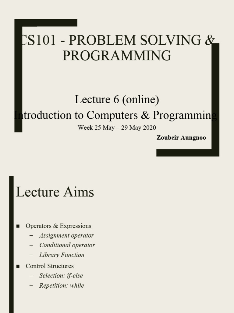 CS101 Lecture 06 - Control Structures - SV | PDF | Control Flow | Computing