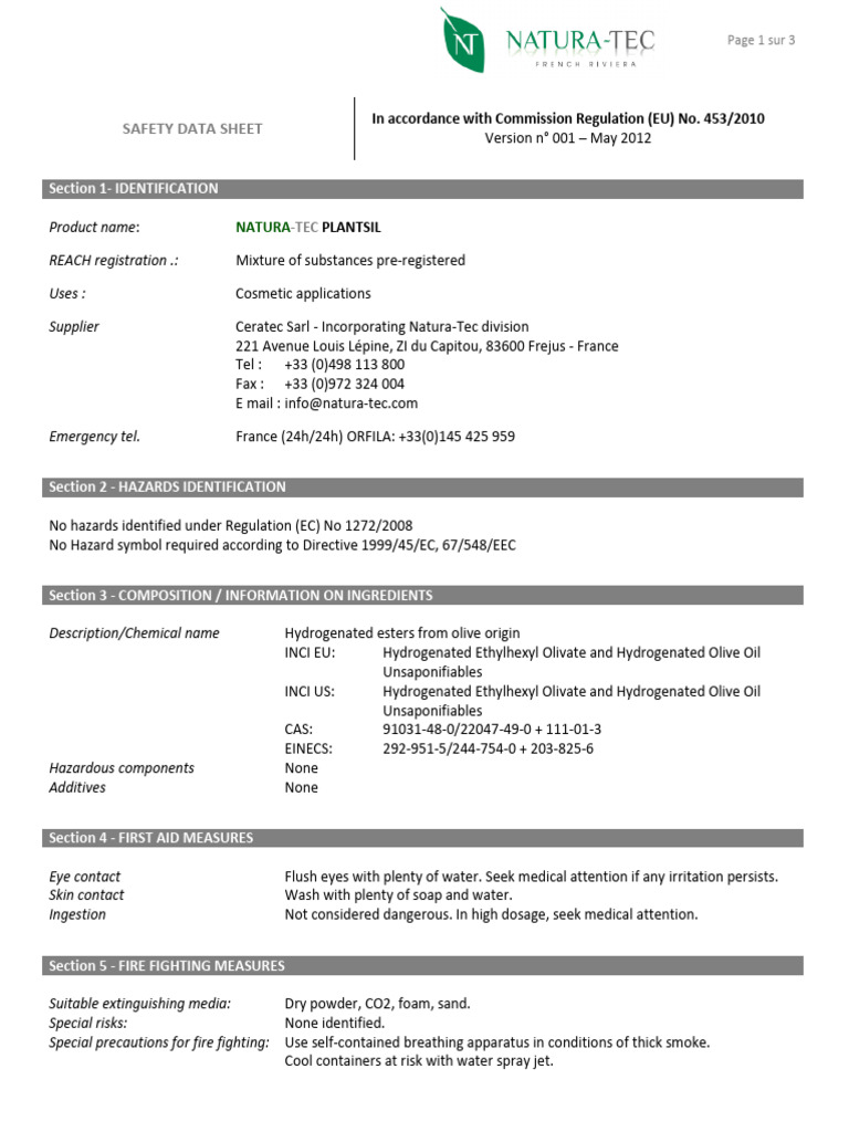 SDS - Natura-Tec Plantsil 05.2012 | PDF | Water | Solubility