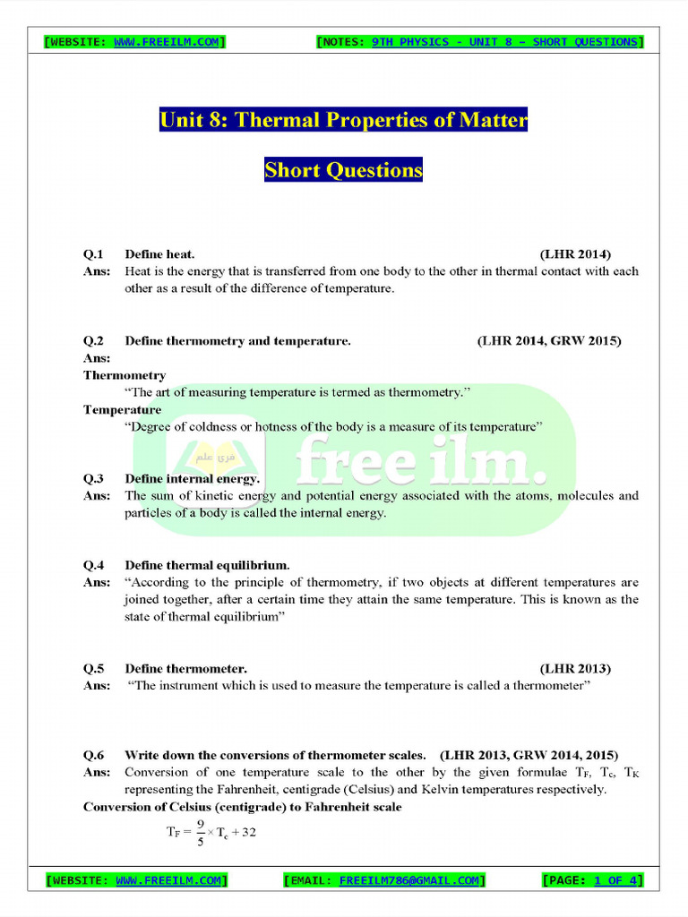 9th Phy CH 8 Short Q | PDF