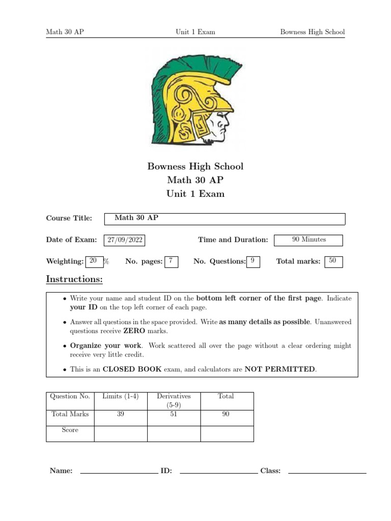 Unit 1 Exam | PDF | Tangent | Advanced Placement